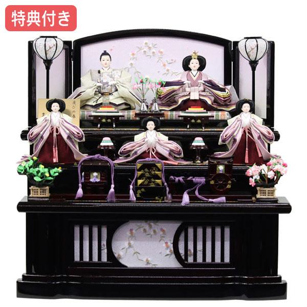 [サイズ(cm)]間口75×奥行58×高さ75[仕様]五人飾り三段飾り雪洞点灯(コードレス)お道具：三方、菱台(菱餅)、高坏(たかつき)、お駕籠(おかご)、重箱、御所車、桜橘(注意事項)「北海道・沖縄・離島・その他配達不可地域」の場合「別途...