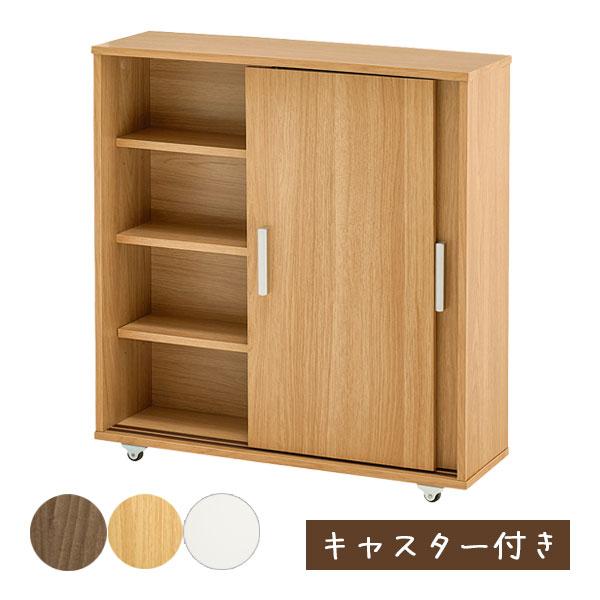 ■サイズ(cm)W59×D19.5×H63■カラーNA（ナチュラル）BR（ブラウン）WH（ホワイト）■材質・仕様主材：プリント紙化粧パーティクルボード固定棚×1（耐荷重5kg）可動棚×2（耐荷重3kg）キャスター付き組立式引き戸タイプなので...