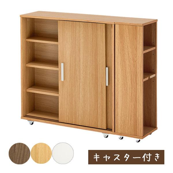 ■サイズ(cm)W74×D19.5×H63■カラーNA（ナチュラル）BR（ブラウン）WH（ホワイト）■材質・仕様主材：プリント紙化粧パーティクルボード固定棚×1（耐荷重5kg）可動棚×2（耐荷重3kg）キャスター付き組立式※ブラシ収納は左右...