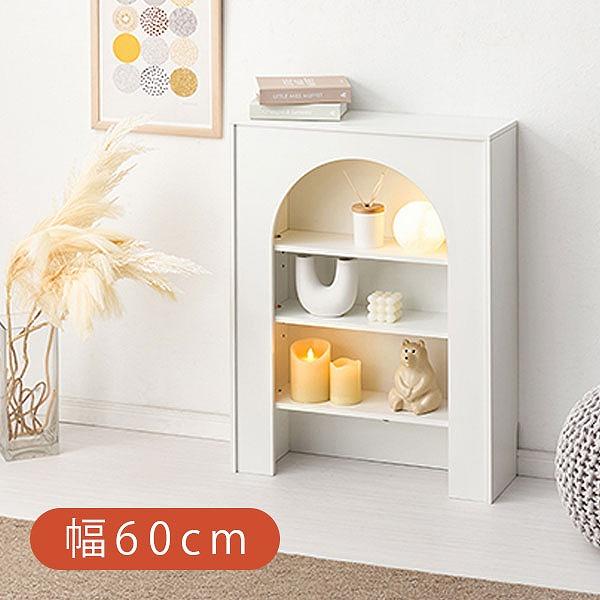 ■サイズ(cm)W60×D20×H80■材質・仕様合成樹脂化粧繊維板(メラミン樹脂)可動棚2枚背面コード穴あり耐荷重　天板5kg、可動棚各2kg、固定棚3kg完成品置くだけでお部屋がおしゃれになる、大人可愛いマントルピース型の収納ラック。コ...