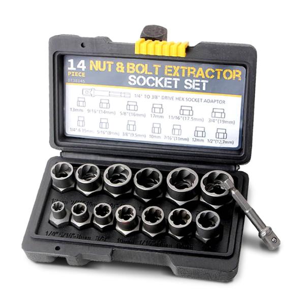 ●14個のナットリムーバーツールキット標準の3/8インチドライブおよび1/4インチ六角ドライブから3/8インチドライブアダプターを使用して一般または強力な電動工具、ドライバー、ドライバーと互換性のあるエクストラクターで工具を扱うことができま...
