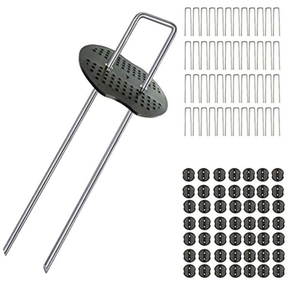 これは100セットのページです♪◆防草シート、人工芝、農業用防虫ネット、不織布、ビニールマルチ、各種シート・マット等を地面に設置・固定できるU字型ピンの商品です。◆U字型のピンを黒丸の穴に差し込みご使用下さい。丸付きの為、シートを傷めずにし...