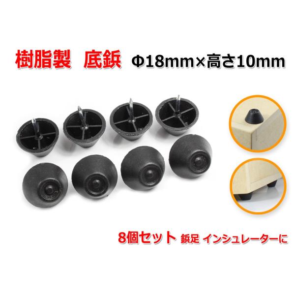 鋲タイプの樹脂足8個セットです。樹脂の足の裏側に釘のようになった金属固定具が装着されており、プラスチックハンマーなどで木材に打ち込み固定ができます。MDF材にもお使いいただけますのでスピーカーの足としてお勧めです。精度の高いものではないので...
