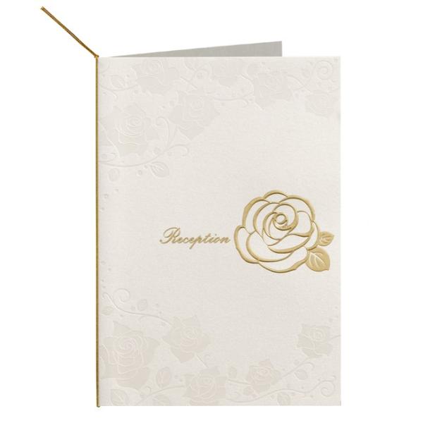 入数　１０名分内容　台紙１０枚　　　　ひも１０本※中紙は別途ご購入ください用途　席次表・プロフィール・プログラム・メニュー表　等１２本のバラを贈ることで幸せになれるという欧米の習慣「ダーズンローズ」のモチーフバラはそれぞれ「感謝・誠実・幸福...