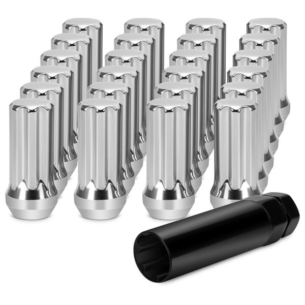 商品名: Dynofit 14mmx1.5ホイールラグナット、24xシルバー7スプラインコニカル/コーンバルジシートクローズドエンドM14x1.5シボレーGMCフォードキャデラックリンカーンSAABサターン用2ソケットキー付きラグナッツ6ラ...