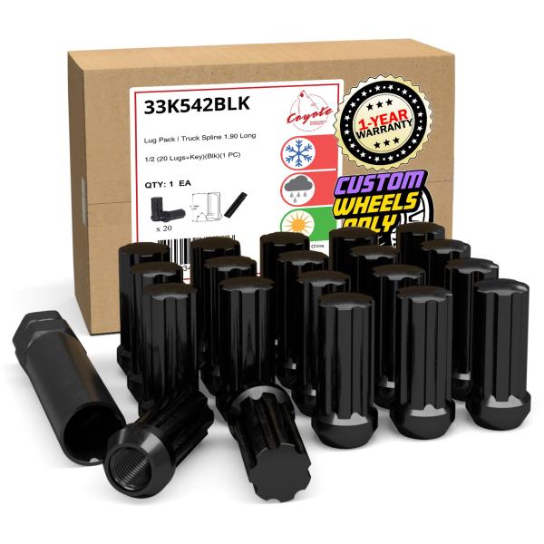 商品名: ホイールアクセサリー部品 20個セット ブラック 長さ1.9インチ トラック 小径 クローズドエンドバルジ ドングリ 7スプラインラグナットキット (1/2 UNF クロム) ソケットキー1個付き Wheel Accessorie...