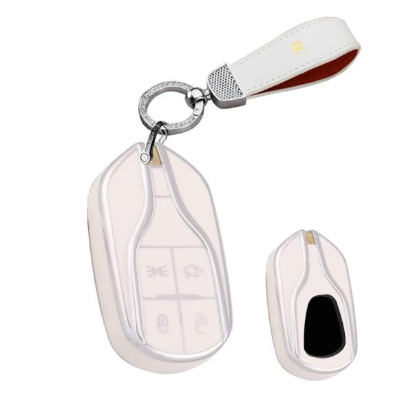商品名: HIBEYO キーフォブカバー マセラティ ジブリ レバンテ クアトロポルテ 4ボタン TPU キーシェル スマートリモートオートキーホルダーアクセサリー レザーキーホルダー付き ホワイト HIBEYO Key Fob Cover...