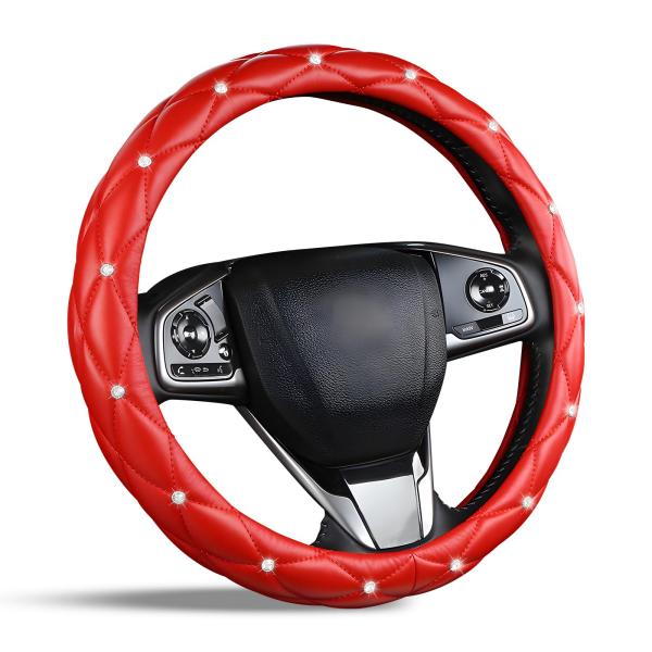 商品名: BubabyZZ レッド ハンドルカバー ダイヤモンド キラキラ ラインストーン ソフトレザー ハンドルカバー カーアクセサリー レディース ガールズ 通気性 滑り止めプロテクター ユニバーサル 15インチ ほとんどの車にフィット...