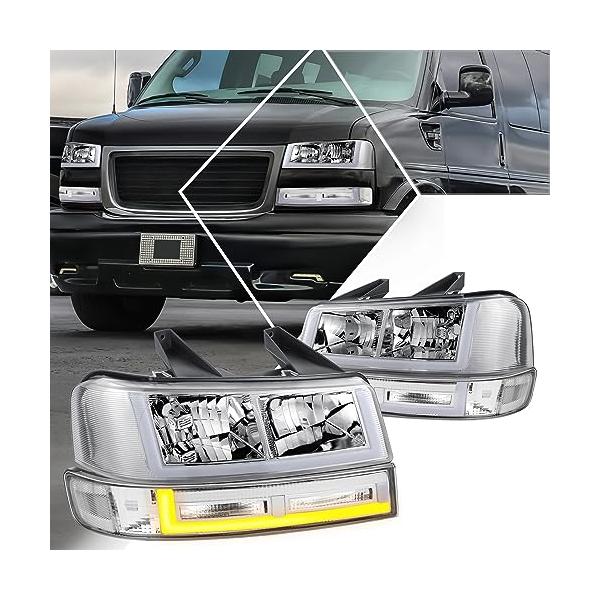 商品名: PM PERFORMOTOR [4個] U-Tube LED DRLヘッドライト+バンパーランプ 03-23 Chevy Express/GMCサバナ対応 クロームハウジング/クリアコーナー PM PERFORMOTOR [4pc...