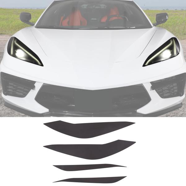 商品名: フロントヘッドライトパネルトリムフィルム シボレー コルベット C8 2020-2025用、車のフロントヘッドランプ 眉トリムステッカー 透明グレーラップカバービニールデカール、4枚 Front Headlight Panel T...