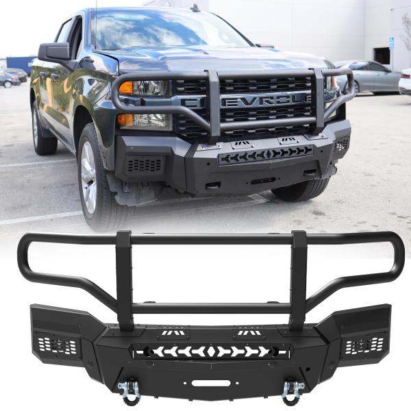 商品名: Hawkley 19-21 フロントバンパー 2019 2020 2021 シボレー シボレー シルバラード 1500 ピックアップトラック用 (2019 LDモデルを除く)、ブルバー付き全幅モジュラーバンパー、LEDライト2個、...