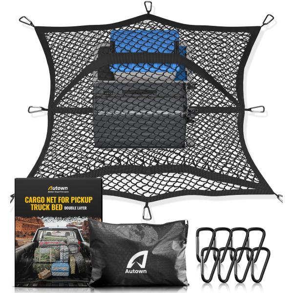 商品名:  AUTOWN Cargo Net for Pickup Truck Bed - Stretchable 4'x4' to 7'x7', High Elastic Fine Mesh 1''x1'' with 8 Metal Ca...