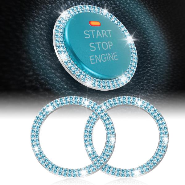 商品名: LivTee カーエンジンスタートストップ装飾リング、クリスタルダブルラインストーン、女性用キラキラカーインテリアアクセサリー、キーイグニッション&amp;ノブブリングリング、プッシュトゥスタートボタンカバー/ステッカー、シアン ...