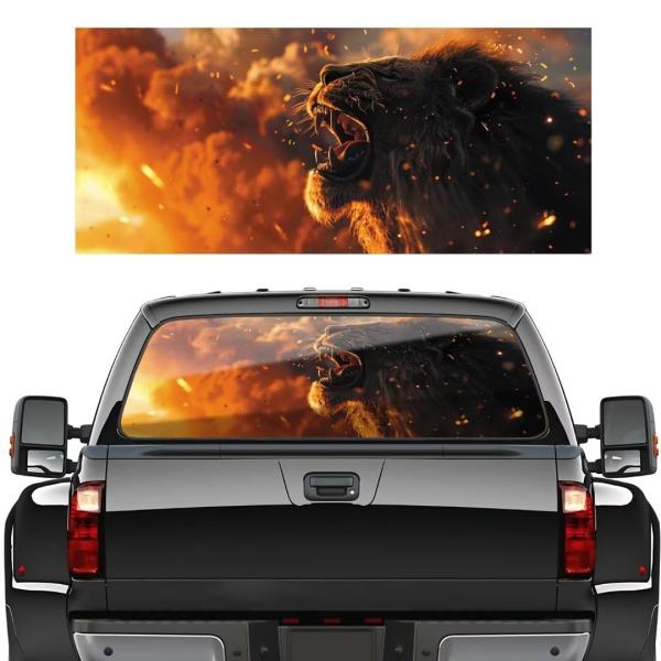 商品名:  Generic Lion Truck Back Window Graphics Animal Rear Window Decals for Car Decor, Fire Lion Perforated Window Film ...