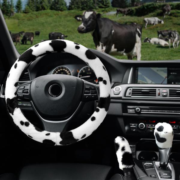 商品名: BubabyZZ 3個入り 牛柄ハンドルカバー ふわふわ オートキュート毛皮のような牛柄 ハンドブレーキ&amp;シフトギアカバー ユニバーサル ソフト 暖かい 車内アクセサリー レディース メンズ (ブラック) BubabyZZ...