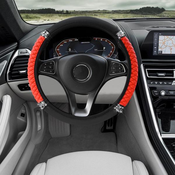 商品名: RGOAANC キラキラしたソフトレザーハンドルカバー、車のホイールカバー、15インチのカラフルなラインストーンの自動弾性ステアリングホイールプロテクター、車のハンドルアクセサリー ほとんどの車にユニバーサル(レッド) RGOAA...