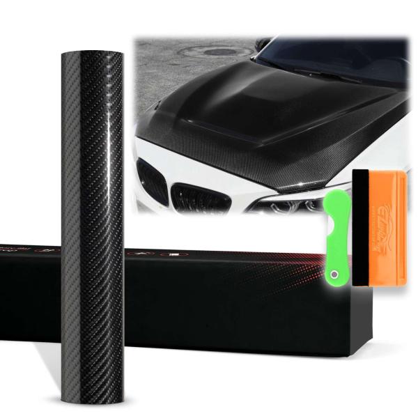 商品名: 12インチx60インチ(1フィートx5フィート)PET 7Dカーボンファイバーブラック高光沢ビニールラップ自動車ステッカーデカールフィルムシートのようなペイントバブルフリーエアリリーステクノロジーツールキット付き。 12"x60"...