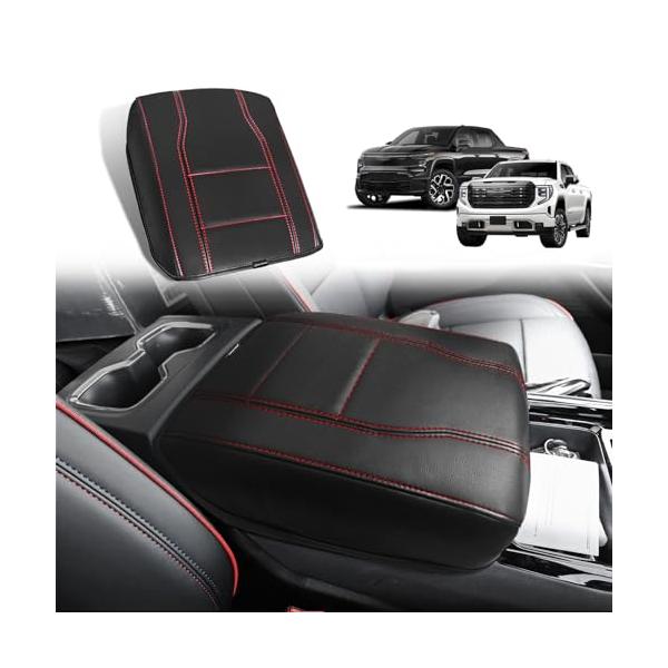 商品名: BestEvMod センターコンソールアームレストパッドカバー 2024+シボレー シルバラード EV/GMC シエラ EVアクセサリー エクストラソフトマイクロファイバーレザープロテクターシートアームレストカバー(ブラック/レッ...