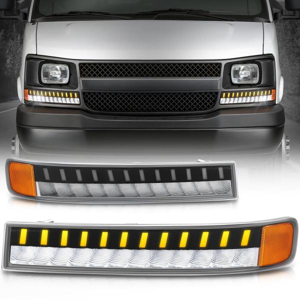 商品名: Auto Dynasty フルLEDフロントバンパーパーキングウィンカーライトアセンブリ シボレーエクスプレス GMC Savana 1500 2500 3500 2003-2023、3ステージアニメーションブートアップ、クロムハ...