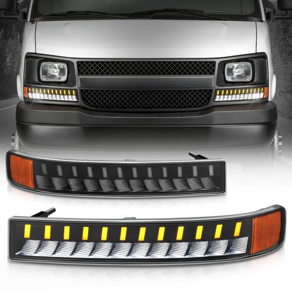 商品名: Auto Dynasty フルLEDフロントバンパーパーキングウィンカーライトアセンブリ シボレーエクスプレス GMC Savana 1500 2500 3500 2003-2023、3ステージアニメーションブートアップ、ブラック...