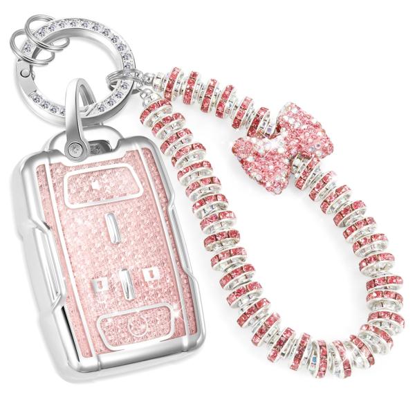 商品名: CTRINEWS GMC用キーフォブカバー ファッショナブルなジルコニアリストレットキーチェーン付き 魅惑的なダイヤモンドパターン キャニオンシエラ1500HD ユーコンXLシボレーコロラドタホ用ソフトケース(4ボタン)(ピンク、...
