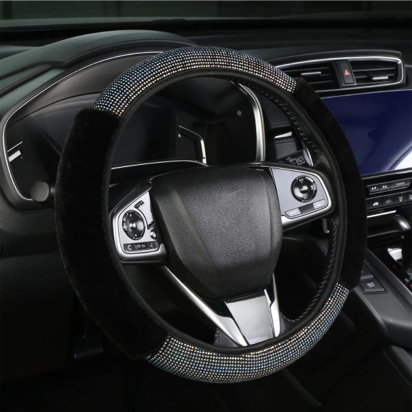 商品名: SuperKaKa 毛皮のようなハンドルカバー、キラキラしたラインストーンでふわふわでかわいい ? ユニバーサル スタイリッシュ ソフト 快適 暖かい 車内 アクセサリー プロテクター レディース メンズ (ブラック) Super...