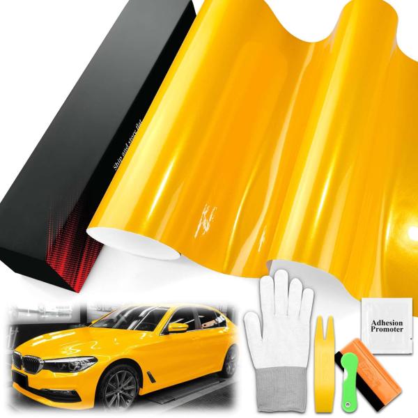 商品名: 1.6フィートx5フィート PET スーパーグロスメタリックサイバーイエロー 高光沢ビニールラップ 自動車ステッカー デカール フィルムシート バブルフリーエアリリーステクノロジー ツールセット付き 1.6FTx5FT PET S...