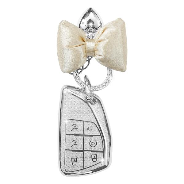 商品名: YILINXI シボレーキーフォブカバー シルク蝶結びキーチェーン 6ボタン, シルバー, for Chevy 6 buttons YILINXI Compatible with Chevy Key Fob Cover with ...