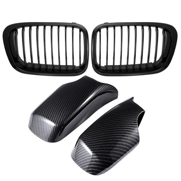 商品名:  LeeMas Matte Black Front Bumper Kidney Grill + Carbon Fiber Side Mirror Cover Kit for 1998-2001 BMW E46 3-Series 3...