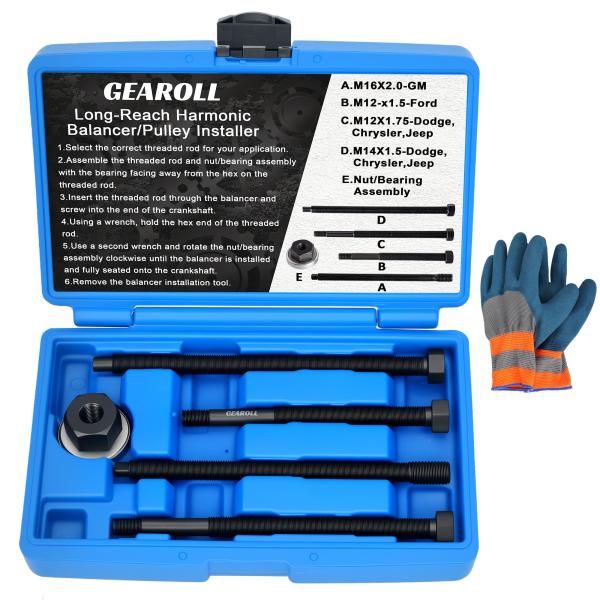 商品名: ハーモニックバランサーインストーラーツールセット、ロングリーチクランクプーリーアンダードライブダンパープーラー取り付けツールキット、フォード、GM、ダッジ、クライスラーV8およびV6エンジンと互換性あり 5Pcs Harmonic...