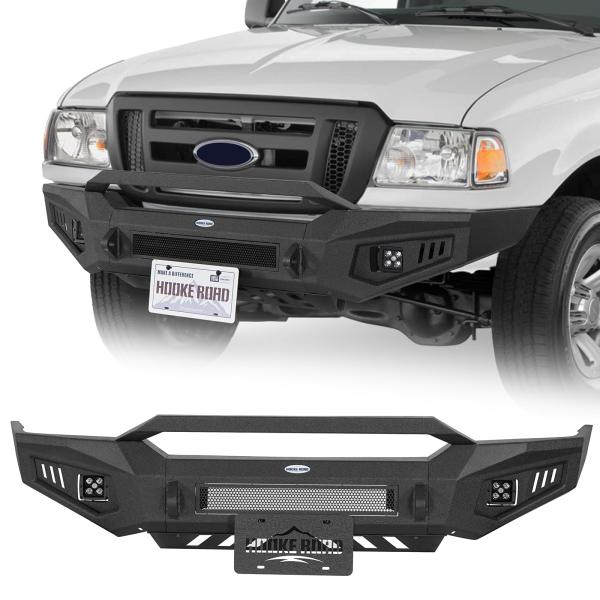商品名: Hooke Road Ranger フロントバンパー 1998-2011フォードレンジャー用 テクスチャードブラックオフロードスチールバンパー スキッドプレート付き LEDライト、Dリングマウント Hooke Road Range...