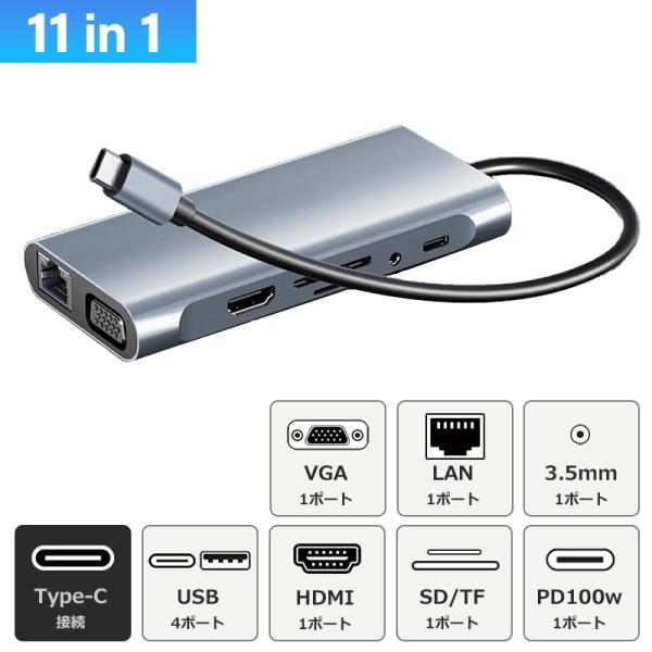 ■11in1 USB-Cドッキングステーション4K HDMI出力ポート×1、VGA出力ポート×1、100WPD充電ポート×1、USB 3.0ポート×3、USB-C ポート×1、TF/SDカードリーダー、1Gbps対応RJ45LANポート×1...