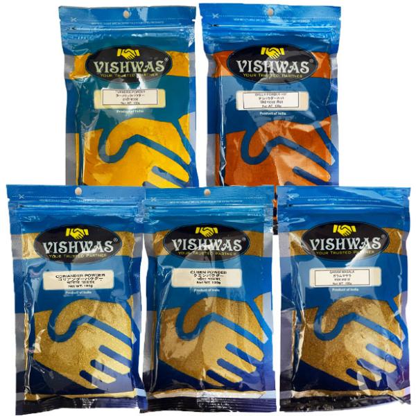 ターメリックパウダー100g チリペッパーパウダー100g  コリアンダーパウダー100g  クミンパウダー100g  ガラムマサラ100gカレー作り勉強中の店長のチキンカレー作り方動画https://www.youtube.com/wat...