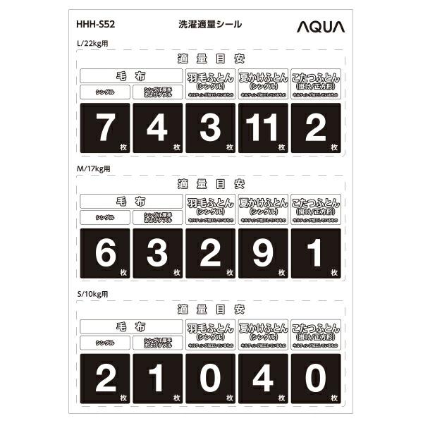 機器に貼って１回に洗濯できる目安を伝えるシールです。適量パネルと併用してご利用ください。【仕様】ブランド名：AQUAメーカー型番：HHH-S52代表カラー：ホワイトシートサイズ：幅148mm×高さ210mm