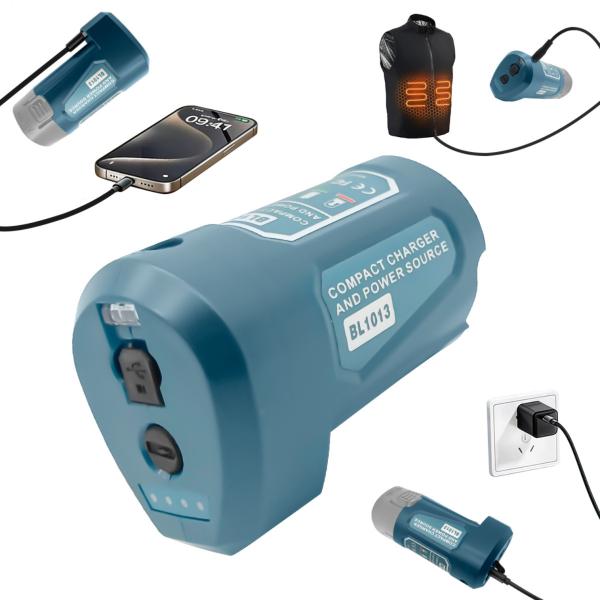 マキタ10.8Vバッテリー対応USBアダプター。Type-C入力ポート（5V 2.1A）搭載でバッテリーを直接充電可能。18W USB-Aポート（5-12V対応）と12V 2A DC出力ポートの2系統出力で、スマートフォン、タブレット、ヒー...