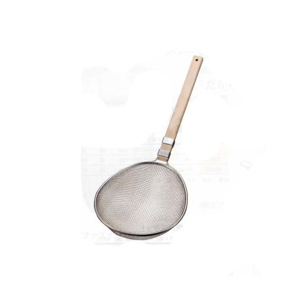材質：18-8ステンレス・天然木　サイズ/巾：250mm 奥行：280mm　深さ：H85mm　柄長：370mm　6.5メッシュ（開き目：3.2mm）