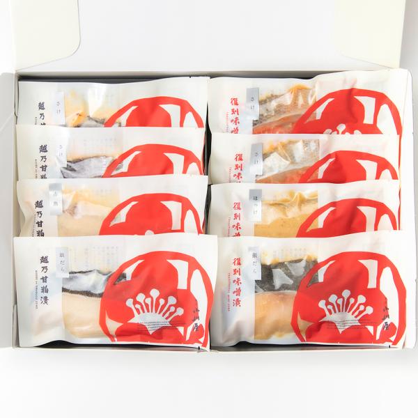 新潟小川屋の看板商品「越乃甘粕漬」と「復刻味噌漬」を、厳選した魚で味わっていただける詰め合わせです。一部、ご家庭用の規格外商品もご用意しました。贈り物にも、ご自宅用にもおススメですよ。新潟小川屋は、中心街の「古町（ふるまち）」にて120年以...