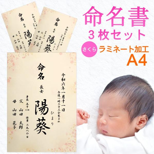 ■商品名：命名書（SK-6）×3点セット 命名紙 桜 A4 ラミネート（標準印刷項目：生年月日、出生時刻、続柄、お名前・ふりがな、出生時身長・体重、父、母：項目省略可）・書体は「楷書体」「行書体」の2種類よりお選びいただけます。・命名書印刷...