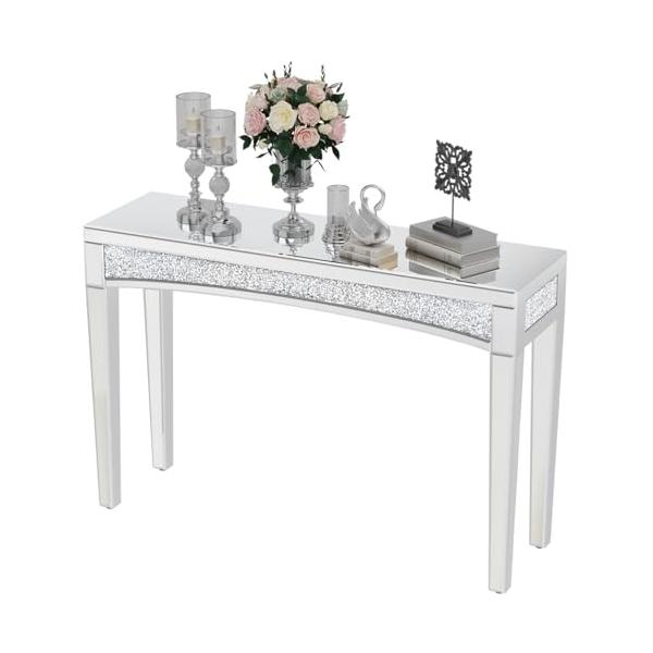 ダイヤモンドのような絶妙な輝き・おしゃれなミラーコンソールテーブル 天板にも脚にも銀メッキミラーが採用されているので、見た目が美しく、圧迫感も感じにくいため、お部屋にモダンでスタイリッシュな印象を与えられます。天板の縁にもキラキラ光るクリス...