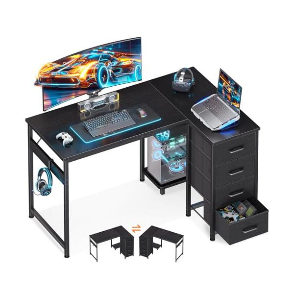 ゲームと仕事両立 パソコンデスクとしてはもちろん、ゲーミングデスクとしても使用できるL字デスク。サイドに便利なフック付き、バッグやヘッドフォンなどを綺麗に収納できます。L字型のデザインで部屋のコーナーを最大限に活用し、ご家庭でもオフィスでも...