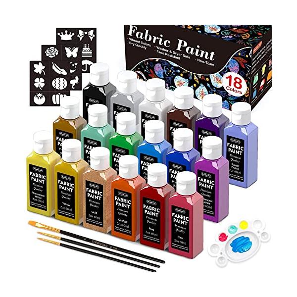 18色布専用絵の具 プライマリーの12色、メタリックの2色、ネオンの2色と、パステルの2色からなる18色を揃った布用絵の具セットで、内容量：60ml/本です。カラーが豊富で、ペイントブラシ3本、かわいいステンシル3枚とパレット1個がギフト付...