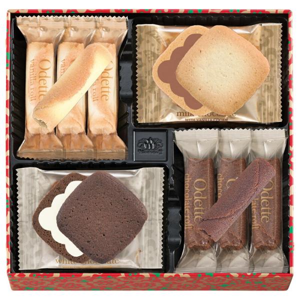 【内容】オデット（ミルクチョコレート・ホワイトチョコレート）×各3、バニラロール・チョコレートロール×各5 ■アレルギー：卵・乳・小麦【型番】MO-1987【箱サイズ】スチール缶（スリーブ）：約187×187×47mm（入）