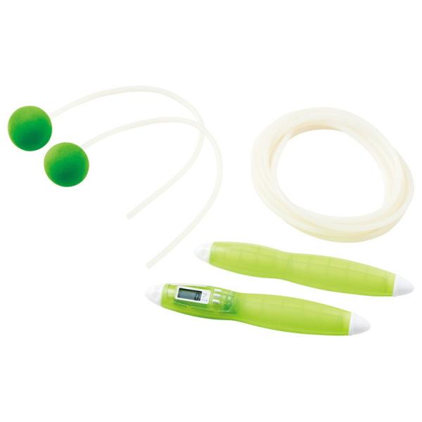 【説明文】室内でも手軽に有酸素運動をしたい方へ。■室内でも室外でも使える2種類のロープが付属■跳んだ回数は勿論、縄跳びで何kcal消費したか表示 ※電源：ボタン電池×1（モニター電池）（付）【内容】本体（約185×26×30mm）×1 ■材...