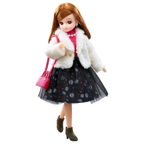 「商品情報」商品紹介親子で楽しめるリアルクローズファッションの、リカちゃんのドレスセット。白いもこもこのボアコートがコーデの主役!ローズピンクのトップスにアネモネ柄のシックな黒チュールスカートを合わせたレディライクなスタイル。ダークブラウン...