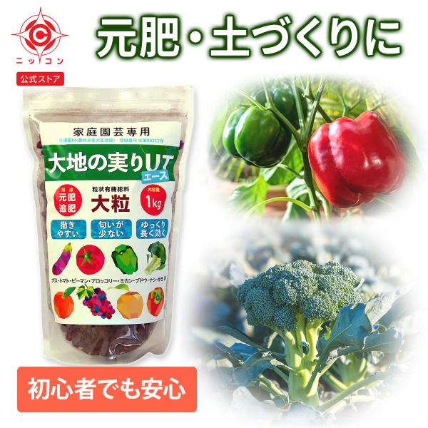 商品名：大地の実りUTエース 大粒1kg内容量：1kg商品説明：・とうもろこし由来の有機肥料です。 土壌改善と作物への栄養補給ができます。・粒状で撒きやすく有機肥料の発酵臭も広がりにくいです。・大粒は栄養分がゆっくり染み出すため栽培期間が比...