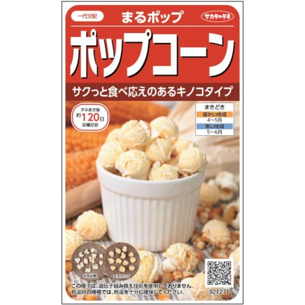 家庭で簡単にポップコーンがつくれるトウモロコシ。草丈が高く、生育おう盛な晩生品種です。穂は長めの大型で収量多い。完全に熟させてよく乾燥したものを、炒ると丸くはじけて何倍にも膨らみます。