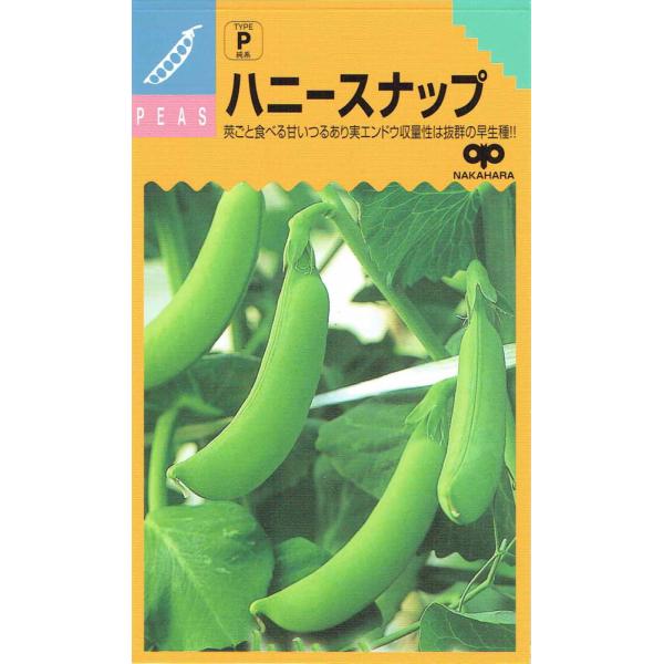 ハニースナップは、一般のつるあり実取豌豆のように実が大きくなっても、莢がかたくならず、莢・実を一緒に食べるエンドウ。莢は肉厚でジューシー。甘くて歯切れがよく食味は良好。莢は濃緑色でつやがあり、長さは7〜8cm程度で秀品率が高い。草勢は中強で...