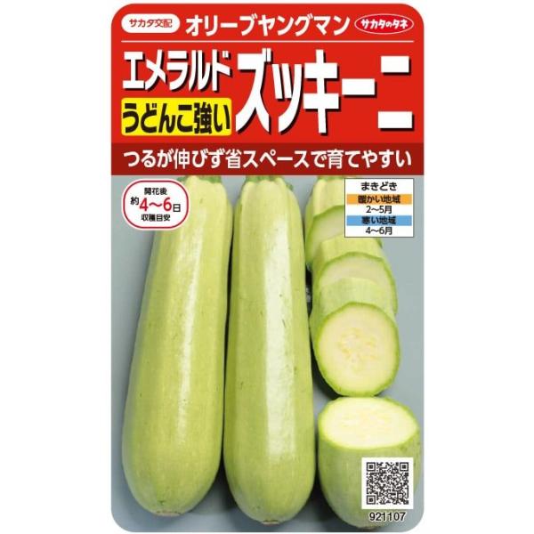 つるが伸びないので場所をとらず、うどんこ病に強く、強健でつくりやすい品種です。果実は淡緑色の円筒形、連続して収穫できます。天ぷら・煮物・油いためのほか、ラタトゥーユなどに利用できます。