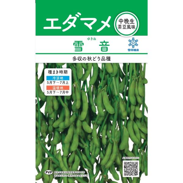 分枝が多く莢つき良好で多収。香り・甘みがあり、食味に優れる白毛・濃緑の大莢でボリュームがある。