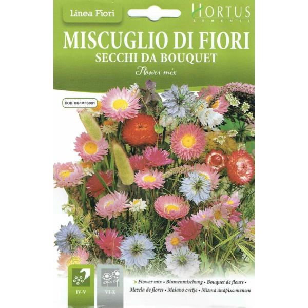 一年草で比較的草丈が高く、ドライフラワーブーケに向く、いろとりどりの花の種がミックスされています。